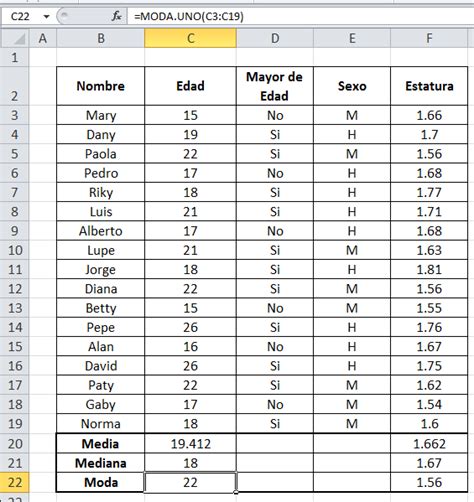 Mediana Media Y Moda En Excel