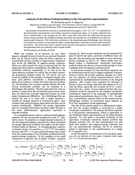 Pdf Analysis Of The Dirac Coulomb Problem In The Free Particle Representation