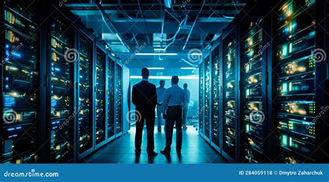A Modern Data Center With Racks Of Servers Cooling Systems And Technicians Managing The