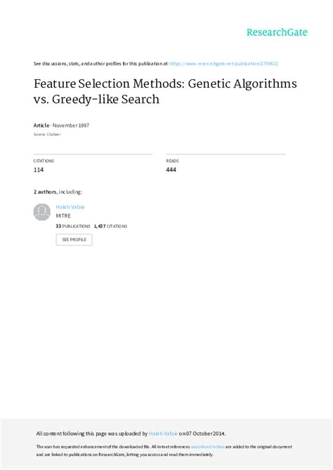 Pdf Feature Selection Methods Genetic Algorithms Vs Greedy Like Search