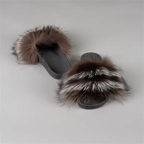 Fox Fur Slides In Silver Brown Color Greek Manufacturing Efurs