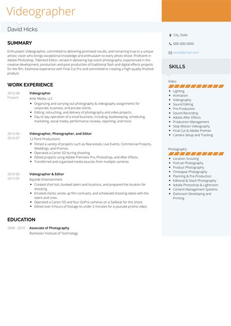 Videographer Resume Samples And Templates VisualCV