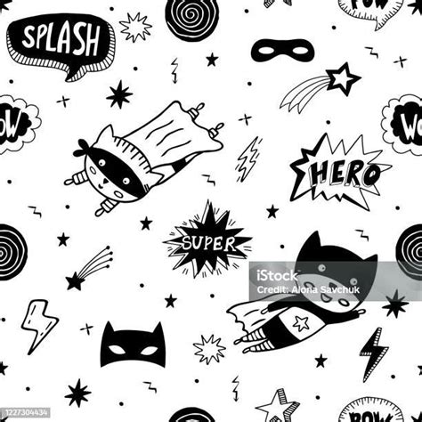 슈퍼 히어로 캐릭터 슈퍼 히어로 마스크 연설 거품 흰색 배경에 별과 원활한 패턴 슈퍼히어로에 대한 스톡 벡터 아트 및 기타