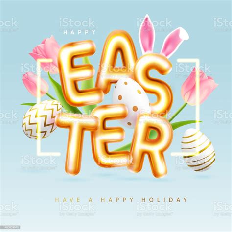 화려한 부활절 달걀 튤립 3d 텍스트가 있는 행복한 부활절 타이포그래피 배경 인사말 카드 또는 포스터 벡터 그림 3월에 대한 스톡 벡터 아트 및 기타 이미지 Istock