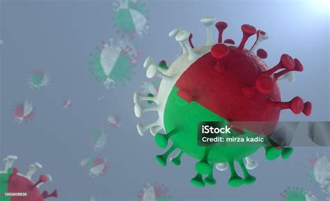 말라가시 플래그 인쇄 델타 람다 플러스 변형 3d 렌더와 마다가스카르 플래그 코로나 바이러스의 패턴과 코비드19 바이러스 0명에