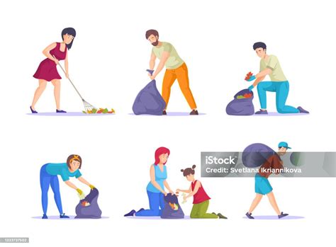 다양한 사람들이 쓰레기를 정리하는 수집 폐기물에서 청소하는 남자 여자 및 어린이 자원 봉사자 묶음에 대한 스톡 벡터 아트 및