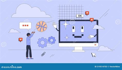 Human And Computer Device Interaction Tiny Person Neubrutalism Concept