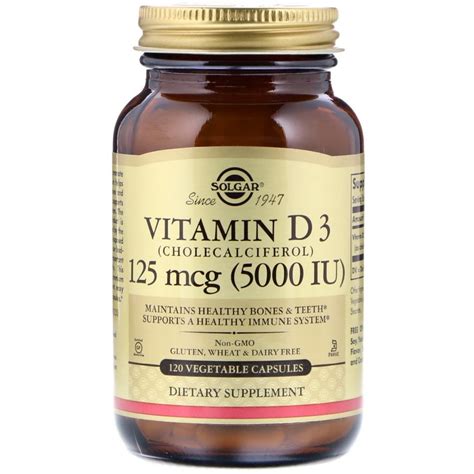 Solgar, Vitamin D3 (Cholecalciferol), 125 mcg (5000 IU), 120 Vegetable ...