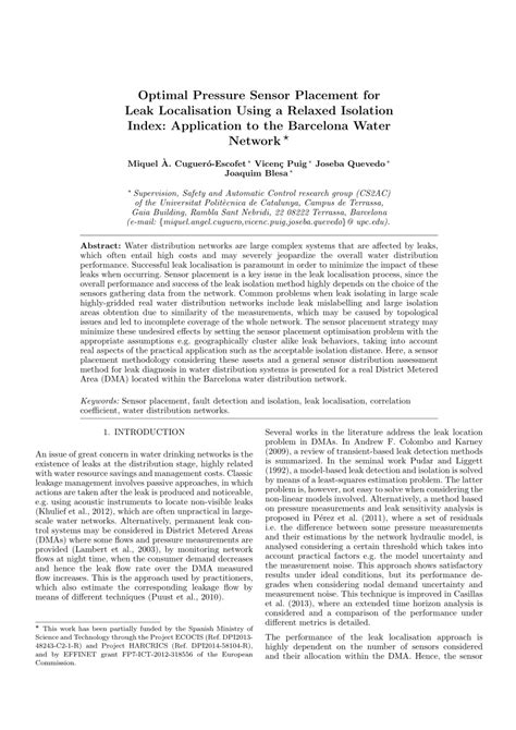 Pdf Optimal Pressure Sensor Placement For Leak Localisation Using A