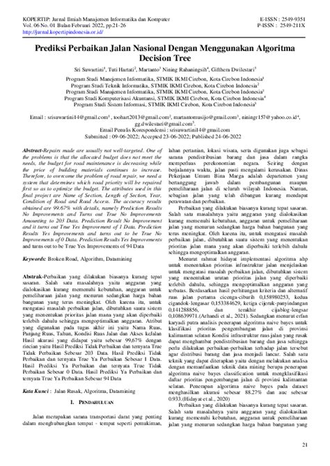 Pdf Prediksi Perbaikan Jalan Nasional Dengan Menggunakan Algoritma