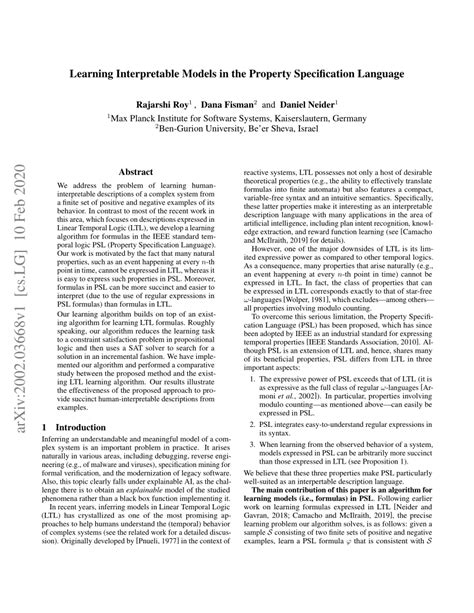 Pdf Learning Interpretable Models In The Property Specification Language