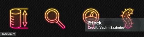 선 게이지 눈금 높이 기하학적 도형 돋보기 및 바이러스를 설정합니다 빛나는 네온 아이콘입니다 벡터 0명에 대한 스톡 벡터 아트 및 기타 이미지 Istock