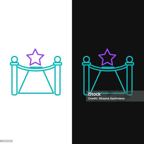 흰색과 검은 색 배경에 고립 된 장벽과 별 아이콘과 녹색과 보라색 라인 카펫 Vip 이벤트 럭셔리 축하 유명 인사 파티 입구 벡터 일러스트레이션 상에 대한 스톡 벡터 아트