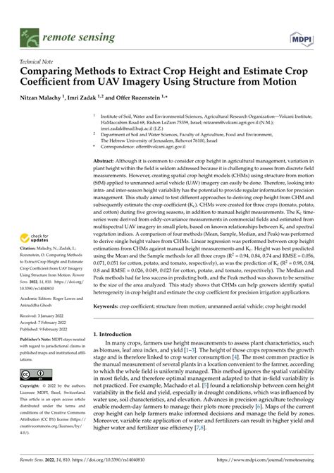 PDF Comparing Methods To Extract Crop Height And Estimate Crop Coefficient From UAV Imagery