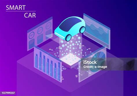 스마트 자동차과 자동 운전 개념입니다 3 차원 Isometric 벡터 일러스트입니다 차에 대한 스톡 벡터 아트 및 기타 이미지 차 등측투영법 초현대적 Istock