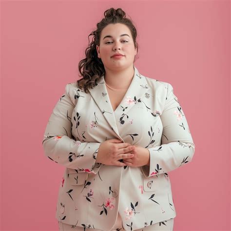 Premium Photo Elegant Plus Size Lady In An Official Outfit Posing At The Pink Background
