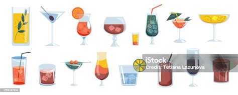 칵테일 음료 트로피컬 베르무트 시원한 샴페인과 럼 시원한 과일 음료 얼음을 곁들인 알코올 음료 막대 메뉴 벡터 세트 마실 것에 대한 스톡 벡터 아트 및 기타 이미지 Istock