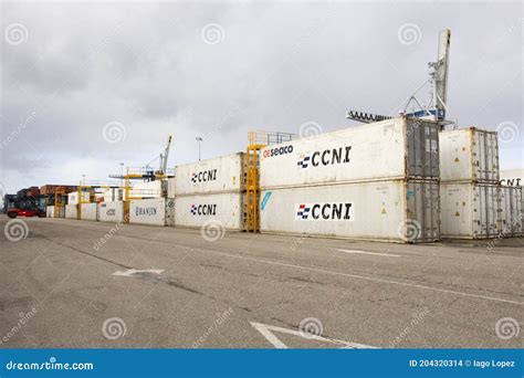 Marín Spain Containers Stacked In The Multimodal Container Terminal