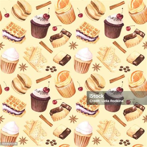 가벼운 노란색 배경에 컵 케이크 쿠키 및 향신료와 따뜻하고 달콤한 매끄러운 패턴 수채화 손으로 그린 요소 음식에 대한 스톡 벡터 아트 및 기타 이미지 Istock