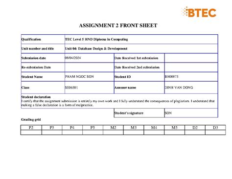 asm2 1st ddd sonpn bh00873 assignment 2 front sheet qualification tec
