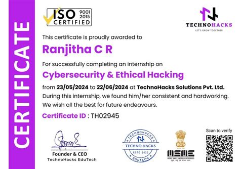 Ranjitha C R On Linkedin Cybersecurity Ethicalhacking Internship Technohacksedutech