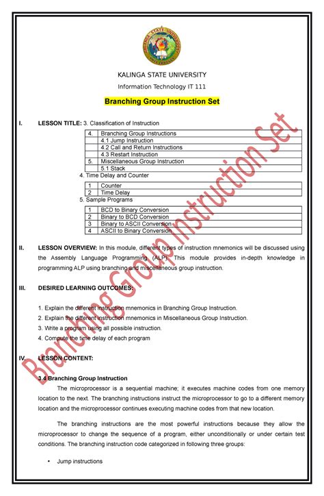 Branching Group Instruction Set Lesson Title 3 Classification Of
