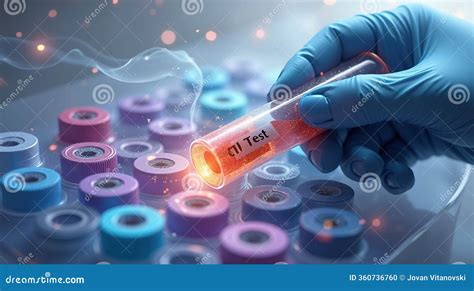 Gloved Hand Holding Luminescent Test Tube In Laboratory Setting Stock