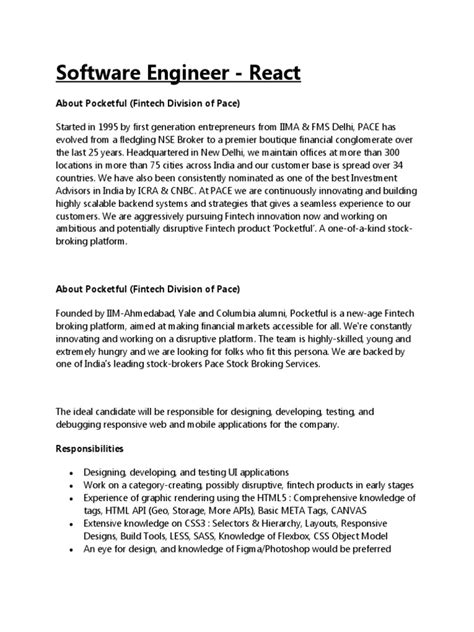 Software Engineer React For Fintech Startup Pdf Software