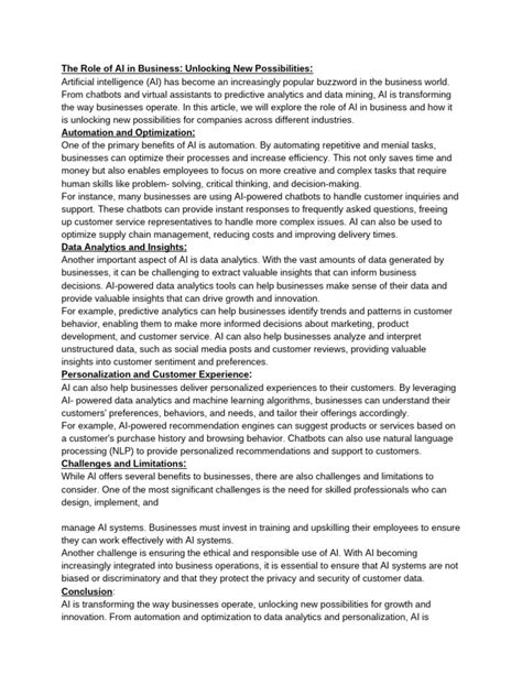 The Role Of Ai In Business Unlocking New Possibilities Pdf Artificial Intelligence