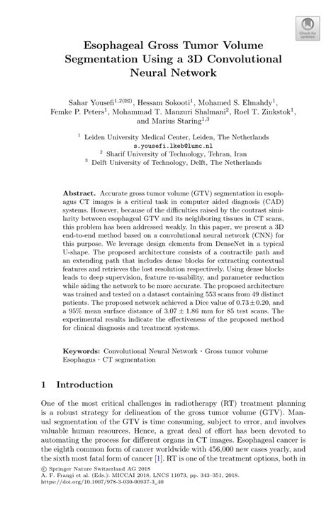 Pdf Esophageal Gross Tumor Volume Segmentation Using A 3d Convolutional Neural Network 21st