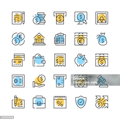 은행 라인 아이콘입니다 은행 아이콘의 집합입니다 검정 파랑 및 노랑 색상 현대 선형 개요 그래픽 디자인 벡터 선 아이콘 세트 아이콘에 대한 스톡 벡터 아트 및 기타 이미지