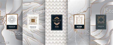 디자인 요소 레이블 아이콘 포장 고급 제품의 디자인에 대 한 프레임의 컬렉션입니다 황금 호 일로 만든 실버 및 대리석 배경에 고립 벡터 일러스트 레이 션 0명에 대한 스톡