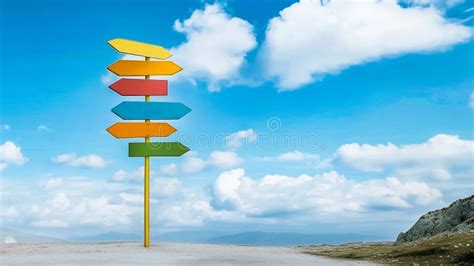 Signpost With Colorful Arrows Under A Bright Blue Sky With Fluffy Clouds Stock Illustration