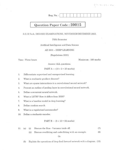 Deep Learning Ad3501 2021 Regulation Question Paper 2023 Nov Dec Pdf