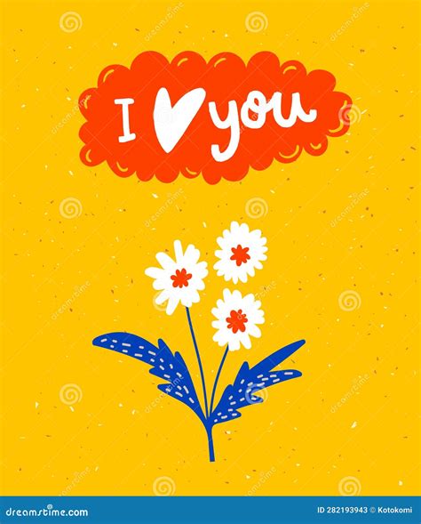 Yellow Greeting Card With Text I Love You And Cute Hand Drawn Daisy