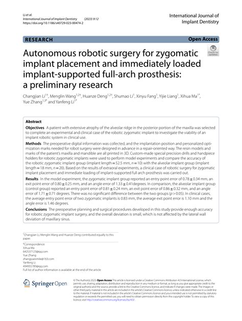 Pdf Autonomous Robotic Surgery For Zygomatic Implant Placement And Immediately Loaded Implant
