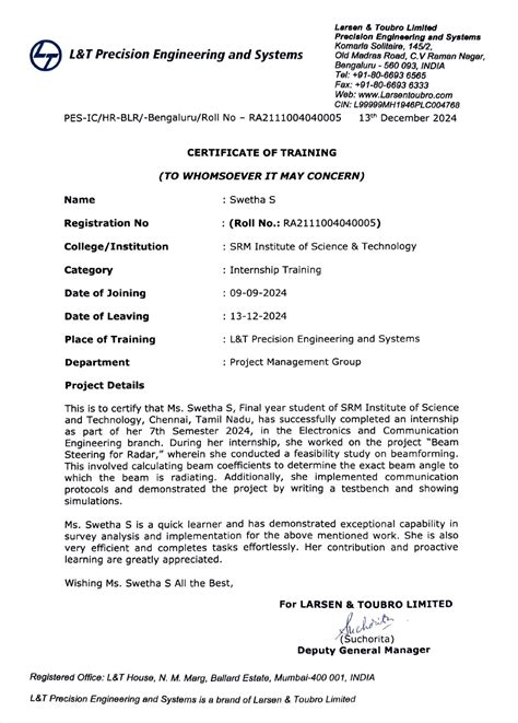 Swetha S On Linkedin Internshipexperience Ltprecisionengineeringandsystems Radarsystems