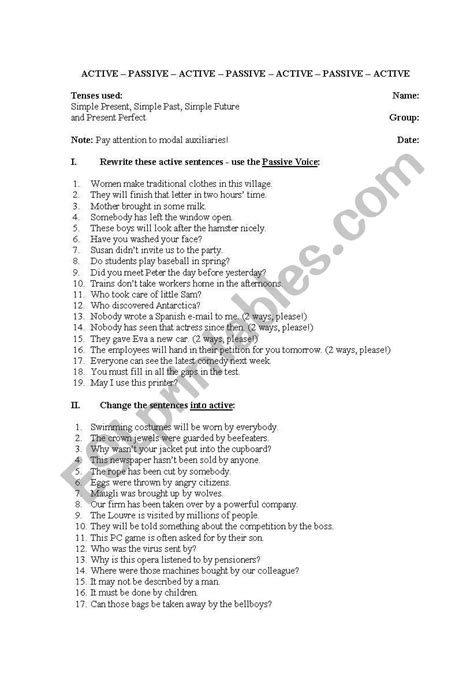 Active Passive Practice Or Test Bandw Version Esl Worksheet By Baranyikriszta