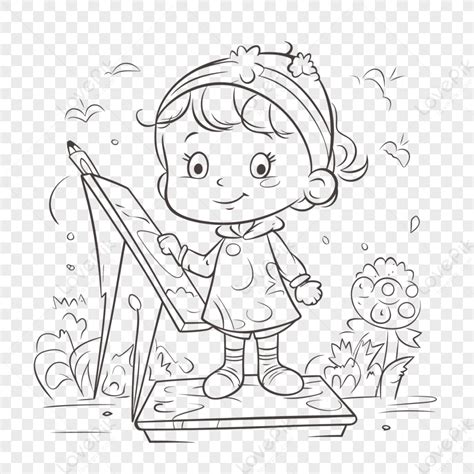 이젤과 연필 아웃라인 스케치 드로잉이 있는 어린 소녀 색칠 페이지 벡터머리인간의 몸 Png 일러스트 무료 다운로드 Lovepik