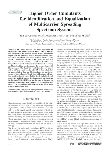 Pdf Higher Order Cumulants For Identification And Equalization Of