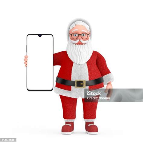 만화 쾌활한 산타 클로스 할아버지와 디자인을위한 빈 화면이있는 현대 휴대 전화 3d 렌더링 겨울에 대한 스톡 사진 및 기타 이미지 Istock
