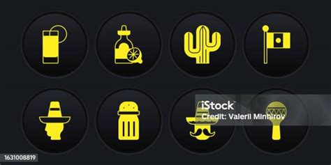 멕시코 남자 솜브레로 멕시코 국기 소금 선인장 레몬 마라카스 유리 아이콘이 있는 데킬라 병을 설정합니다 벡터 0명에 대한 스톡 벡터 아트 및 기타 이미지 Istock