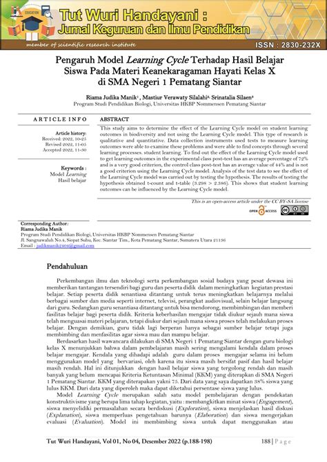 Pdf Pengaruh Model Learning Cycle Terhadap Hasil Belajar Siswa Pada