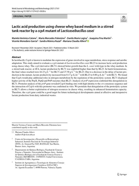 Lactic Acid Production Using Cheese Whey Based Medium In A Stirred Tank Reactor By A Ccpa Mutant