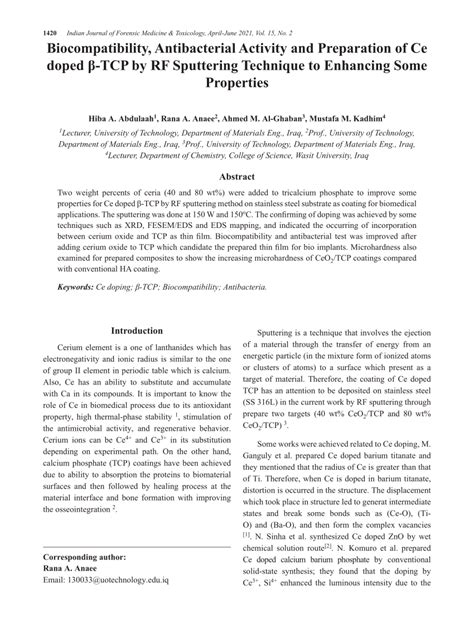 Pdf Biocompatibility Antibacterial Activity And Preparation Of Ce Doped β Tcp By Rf