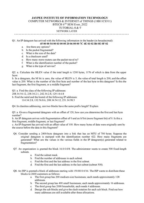 CN Tutorial Computer Network Practice Sheets JAYPEE INSTITUTE OF INFORMATION TECHNOLOGY