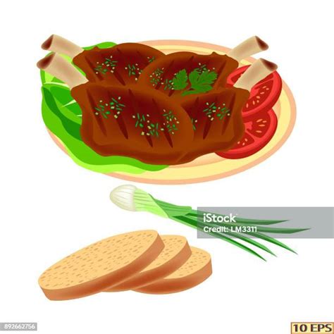 뼈의 구이 스테이크 미트볼 양파와 상 추입니다 빵과 돈 까 스입니다 녹색 야채 토마토와 고기는 접시에 고기만 두 벡터입니다 고기에 대한 스톡 벡터 아트 및 기타 이미지