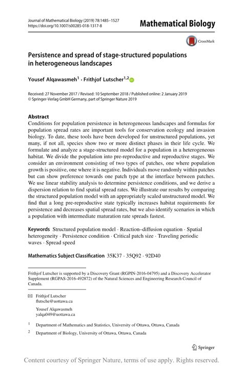 Persistence And Spread Of Stage Structured Populations In Heterogeneous Landscapes Request Pdf