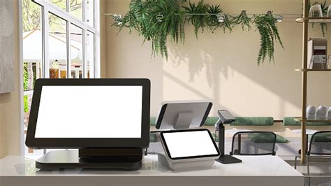 현대적이고 고급스러운 카페의 카운터에 태블릿과 바코드 리더가 있는 빈 컴퓨터 터치 스크린이 있는 디지털 금전 등록기의 폐쇄 금전 등록기에 대한 스톡 사진 및 기타 이미지