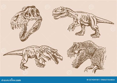 Graphical Set Of Dinosaurs And Skeleton Of Rhino Isolated On White
